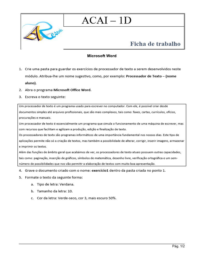 1D Ficha Trabalho1 ACAI | PDF | Processador de texto | Microprocessador