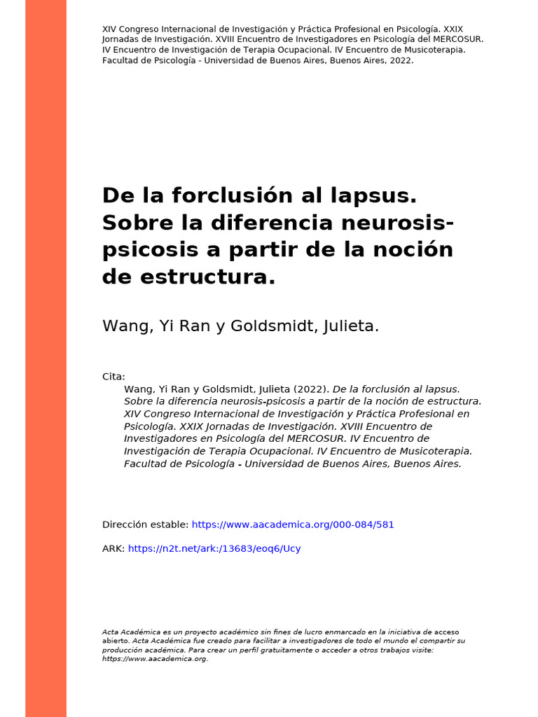 Wang, Yi Ran y Goldsmidt, Julieta (2022) - de La Forclusión Al Lapsus ...
