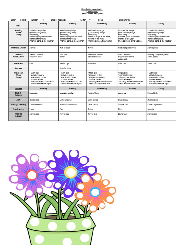 1 Pre-K Lesson Plan Flower Plants | PDF | Phonics | Flowers