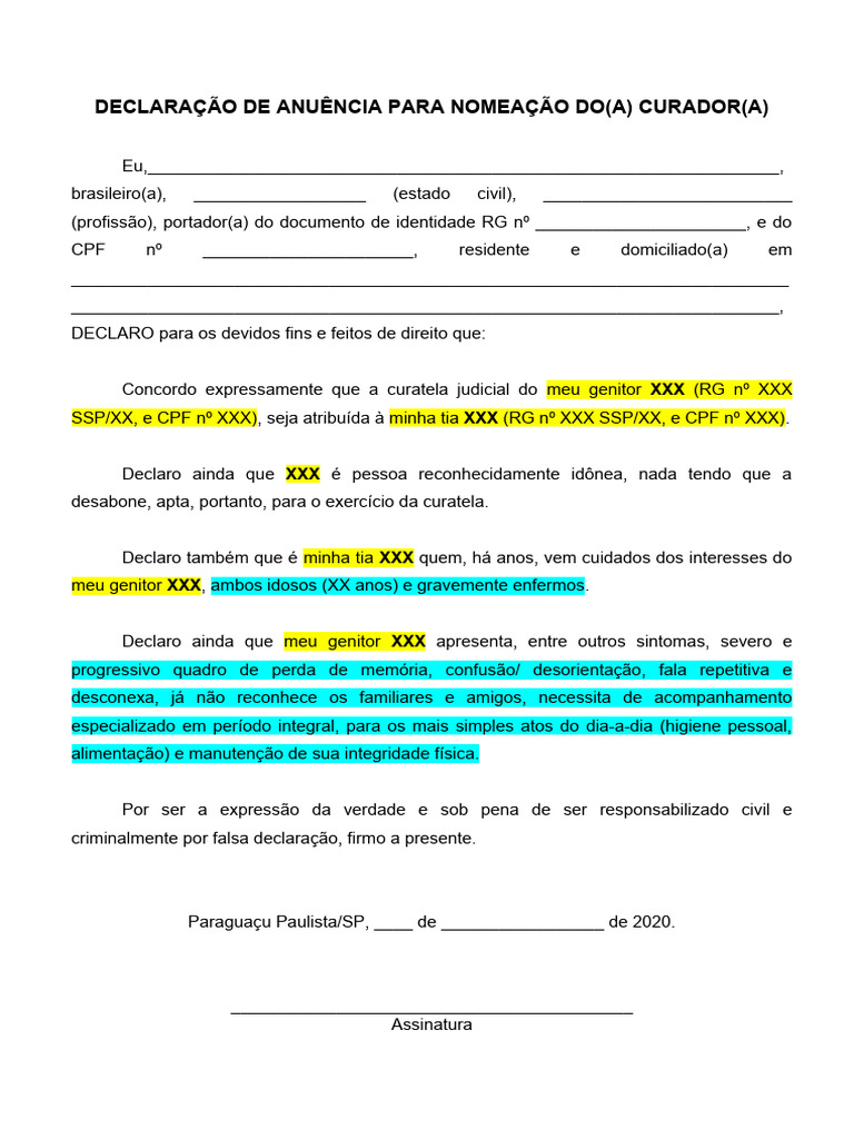 Declaração de Anuência Curatela - Modelo | PDF | Carreira e Crescimento ...
