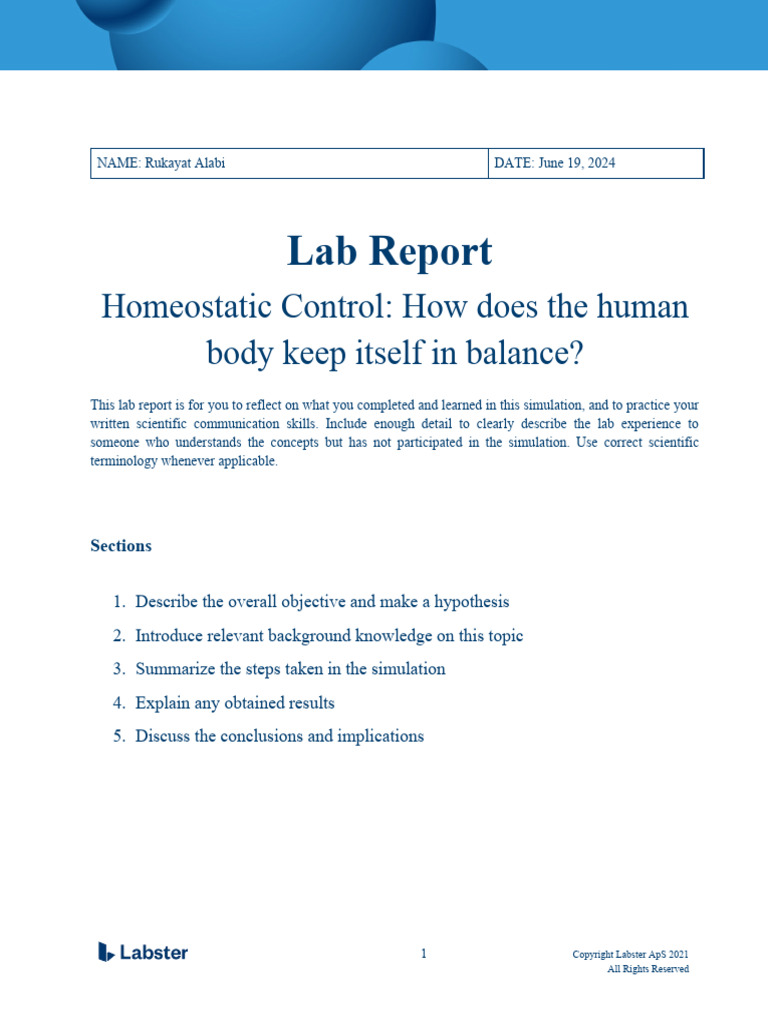 Touchstone 2 Lab Report - Homeostatic Control | PDF | Homeostasis | Biology