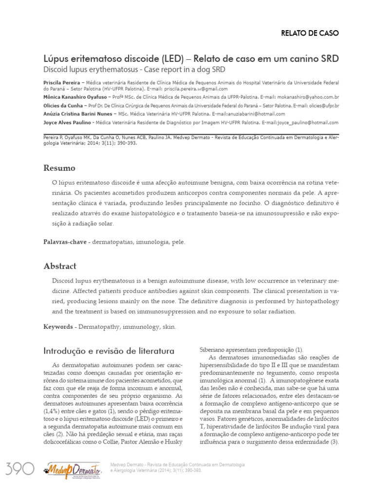 Lúpus Eritematoso Discoide LED - Relato de Caso em Um Canino SRD | PDF | Medicina Clínica | Remédio