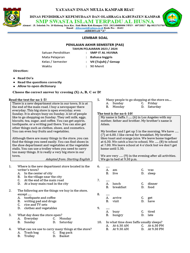Soal Pas Bing Genap Kelas 7 | PDF | Indonesia