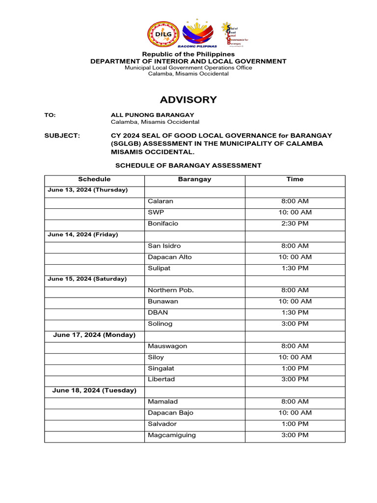 SGLGB - Schedule of Assessment 2024 | PDF