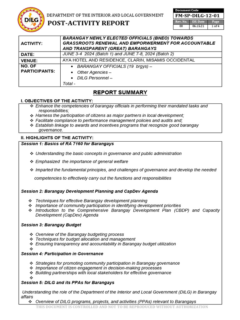 Post-Activity Report: BNEO Training 2024 | PDF | Governance | Evaluation