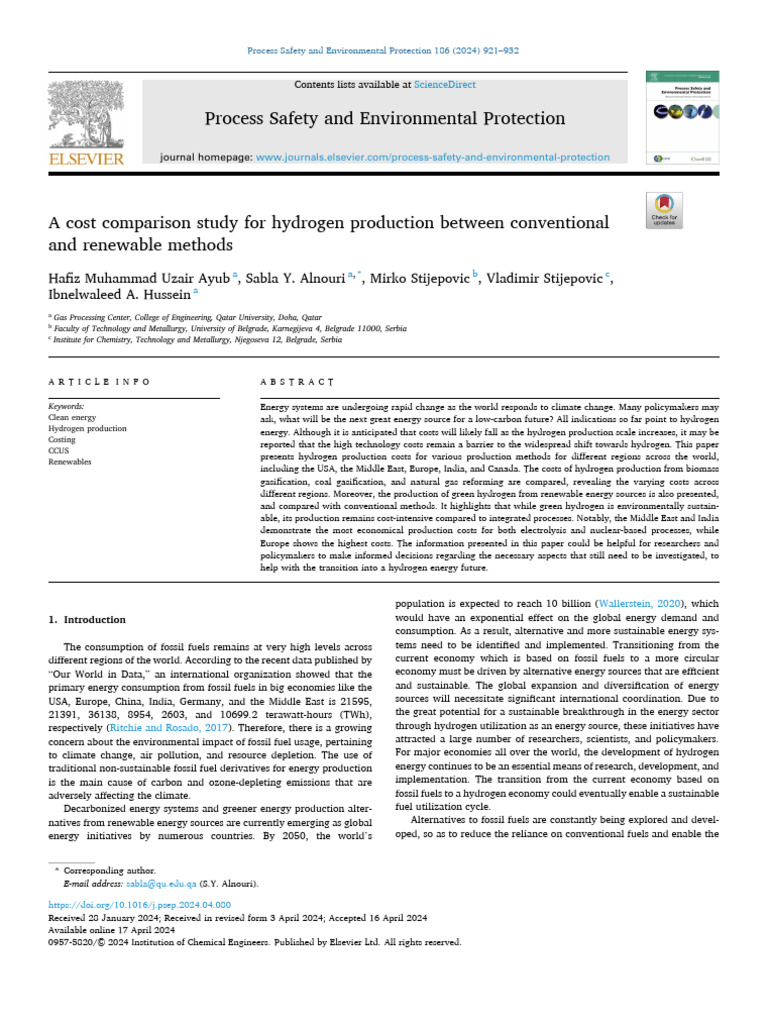 A Cost Comparison Study For Hydrogen Production Between Conventional ...