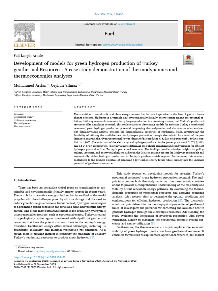 Green Hydrogen from Turkey's Geothermal Resources | PDF | Geothermal ...