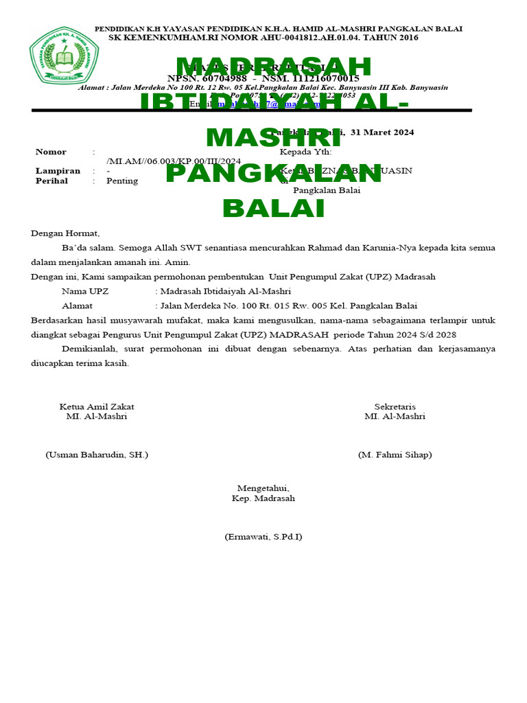 Contoh Surat Permohonan UPZ Masjid, Musholah | PDF