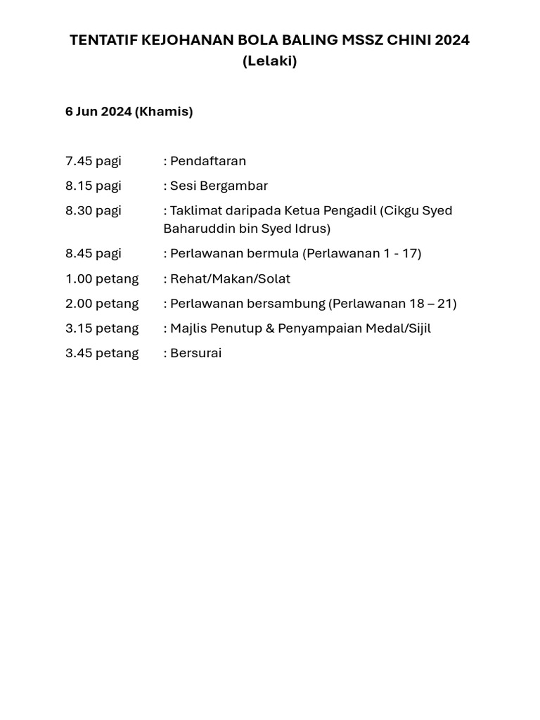 Tentatif Kejohanan Bola Baling MSSZ Chini 2024 L | PDF