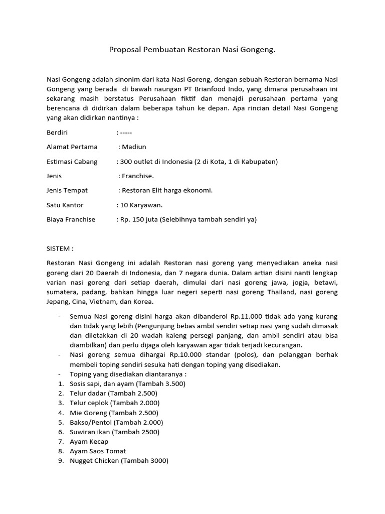 Proposal Pembuatan Restoran Nasi Gongeng | PDF | Bisnis | Memasak ...