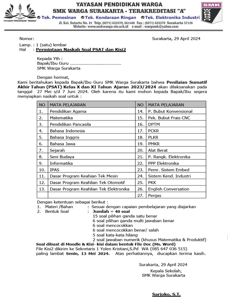 Permohonan Soal PSAT 2024 | PDF