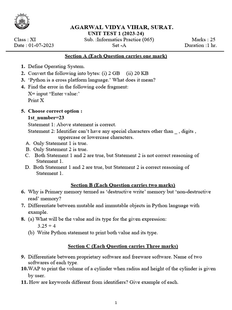 IP UT 1 Set A 23 | PDF | Computer Data Storage | Computing