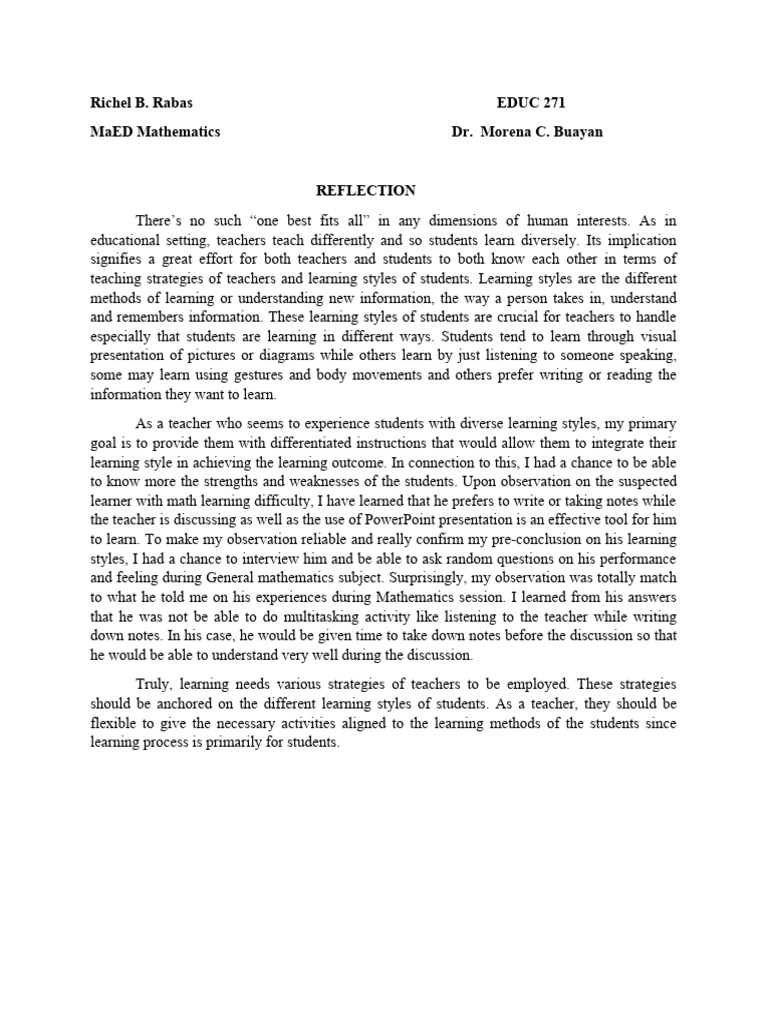 Reflection - Learning Styles | Download Free PDF | Learning Styles ...
