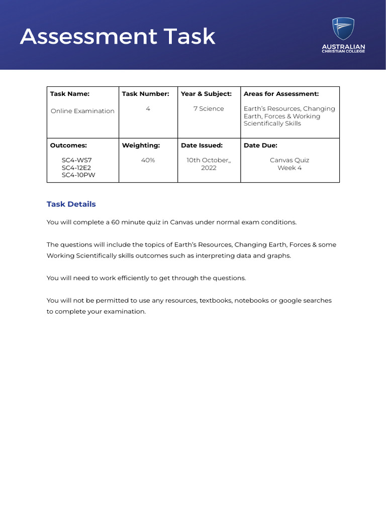 7 Science 2022 Assessment Task 4 Exam Notification-1 | PDF