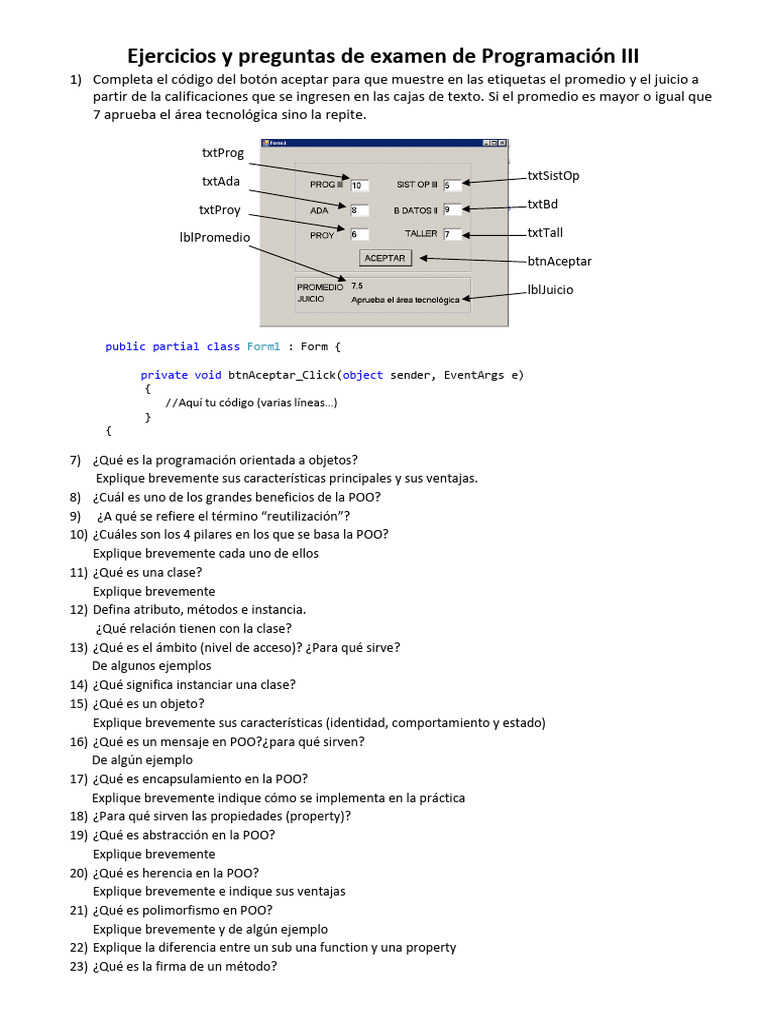 Ejercicios y Preguntas de Examen de Prog III C# | Descargar gratis PDF | Programación orientada ...