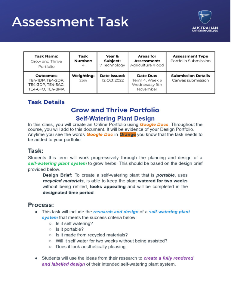 2022 - 7TECH & 7TECP - Grow & Thrive - Assessment Task | PDF | Curriculum | Knowledge