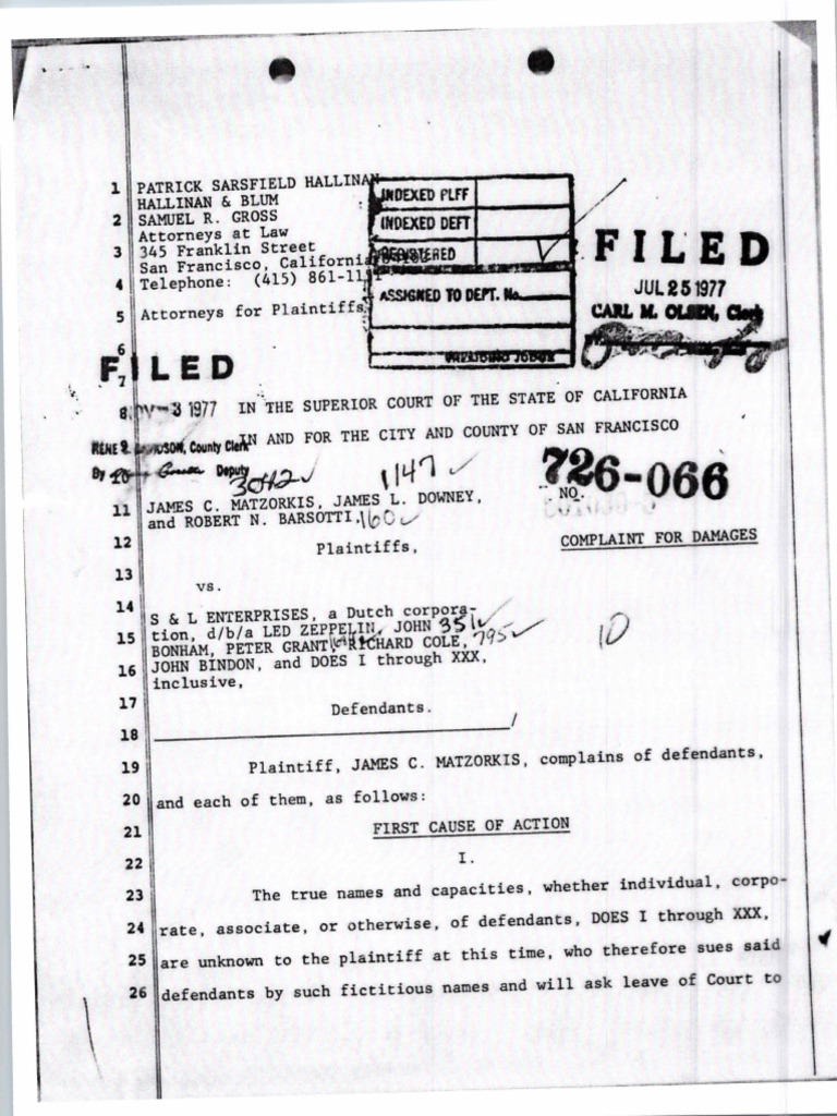 Led Zeppelin Day On The Green 1977 Lawsuit: James C Matzorkis, James L ...
