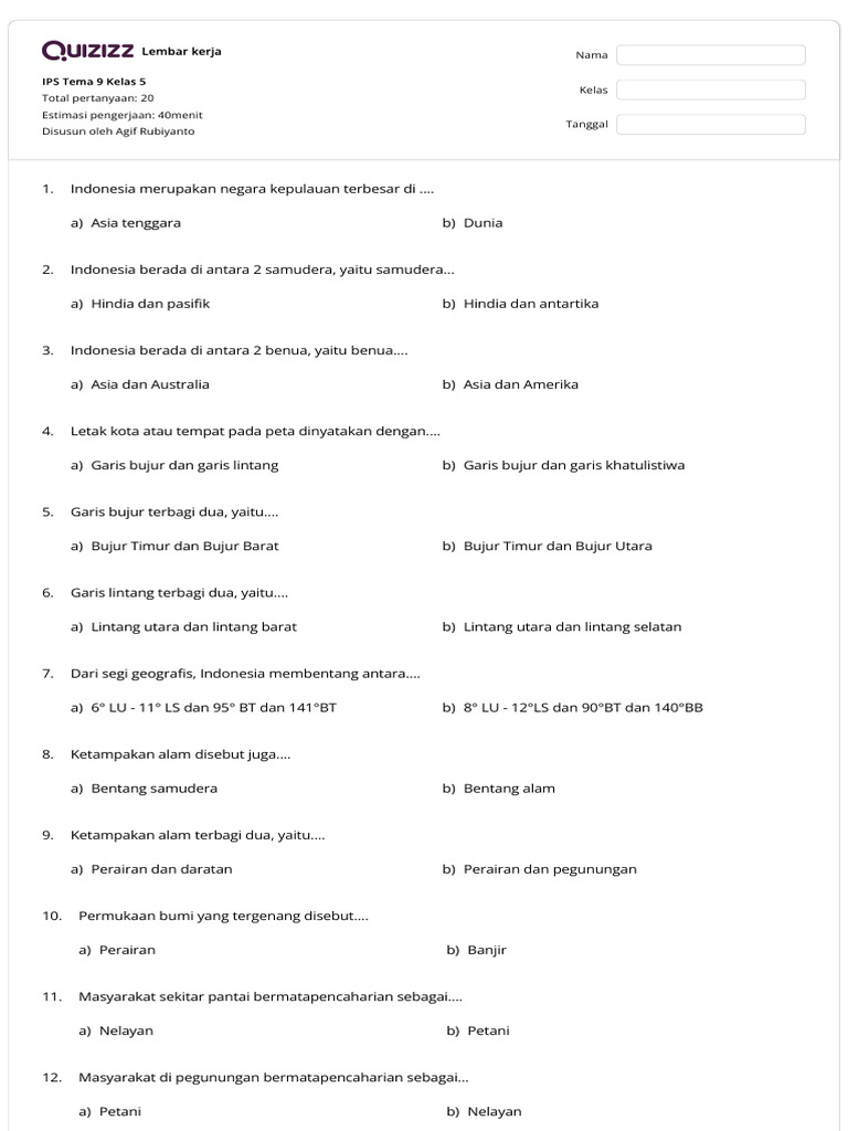 IPS Tema 9 Kelas 5 Quizizz | PDF