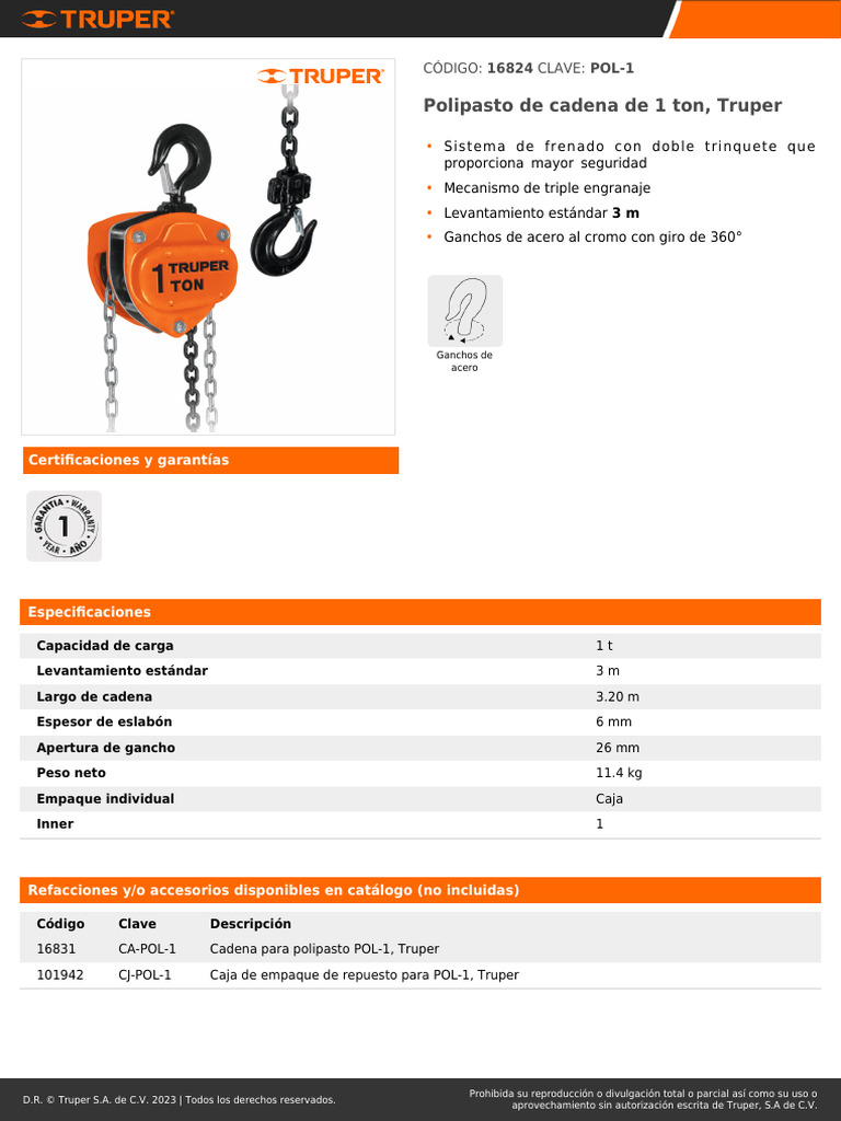 Ficha Tecnica de Un Tecle de 1t. | PDF