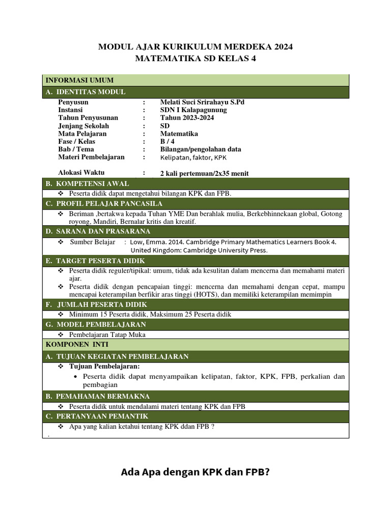 Modul Ajar Kelas 4 KPK FPB | PDF | Karier & Perkembangan