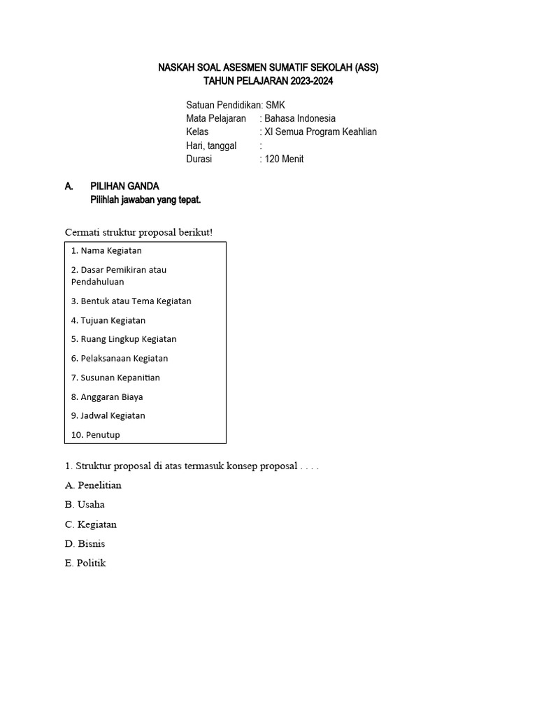 Naskah Soal Asesmen Sumatif Sekolah Bahasa Indonesia Semester Genap 2024 | PDF