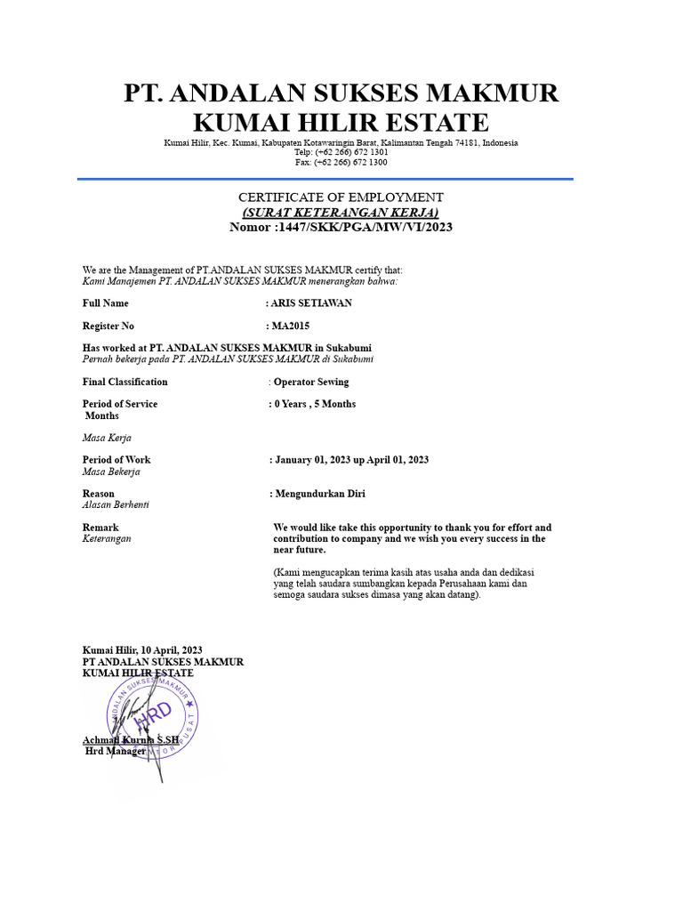 Andalan Sukses Makmur Kumai Hilir Estate | PDF