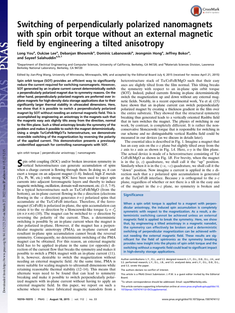 Switching of Perpendicularly Polarized Nanomagnetswith Spin Orbit Torque Without An External ...
