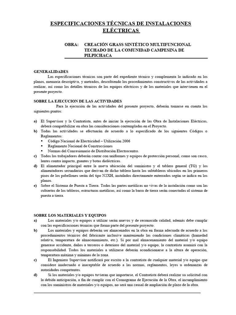 Especificaciones Tecnicas Instalaciones Electricas Pilpichaca | PDF | Aislador (Electricidad ...