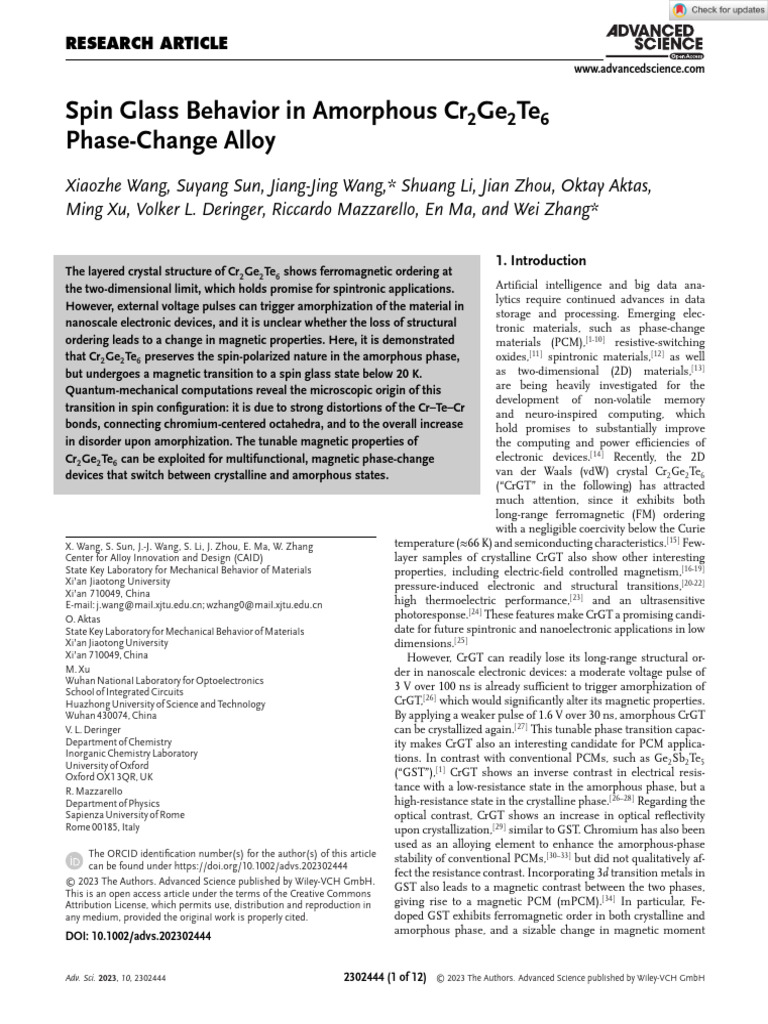 Advanced Science - 2023 - Wang - Spin Glass Behavior in Amorphous ...