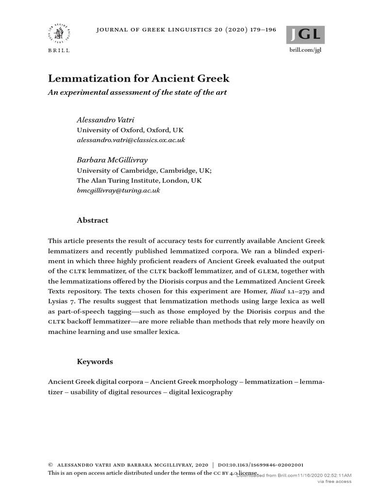 (15699846 - Journal of Greek Linguistics) Lemmatization For Ancient ...