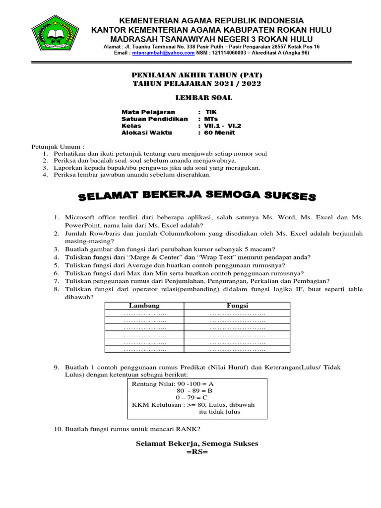 Soal PAT TIK Kelas VII MTs | PDF
