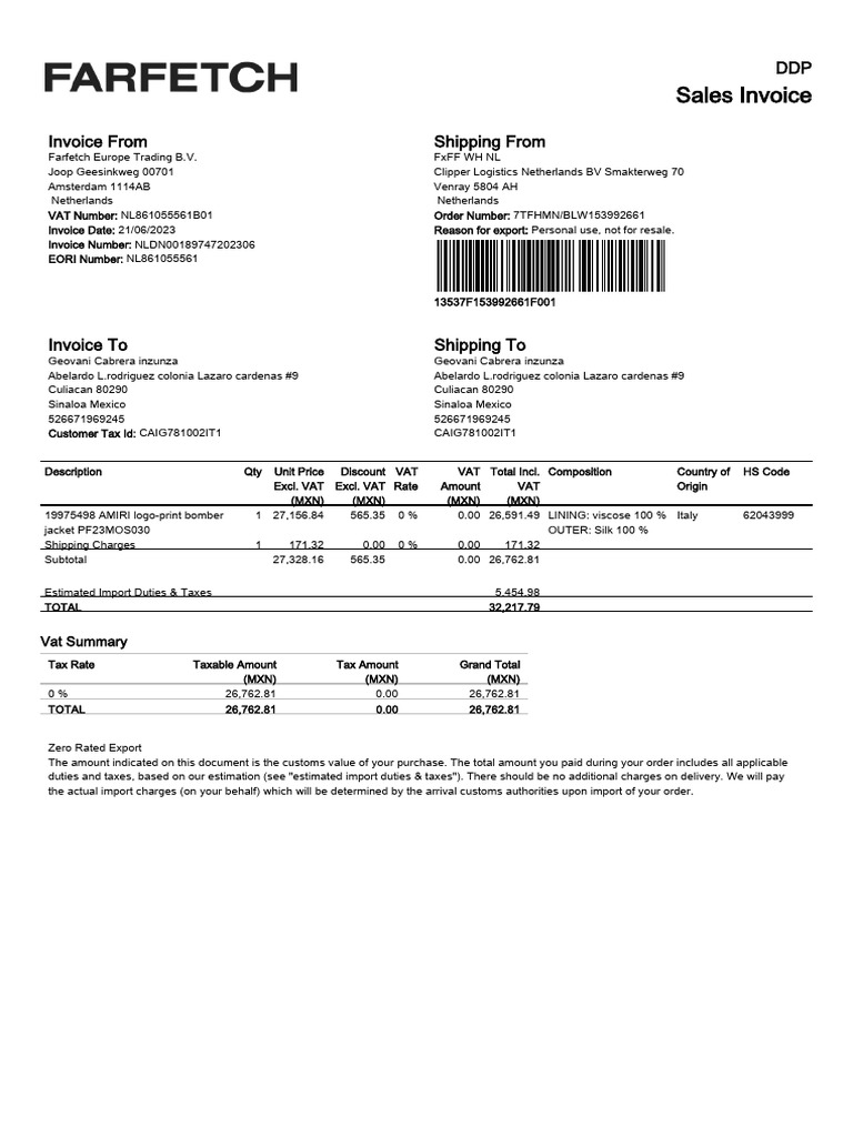 ComercialInvoice BLW153992661-1 | PDF | Value Added Tax | Invoice