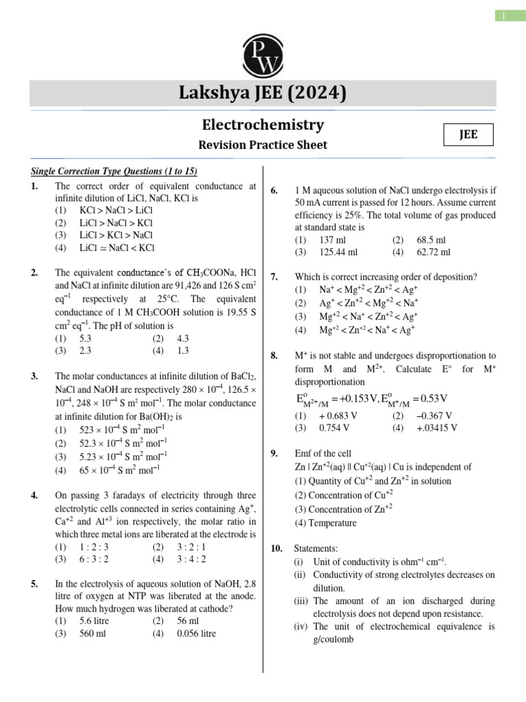 Electrochemistry - Practice Sheet - Lakshya JEE 2024 | PDF | Materials Science | Physical Chemistry