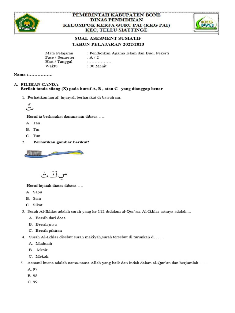 1. SOAL IKM KELAS 1 SAS PAI SEM 2 2022-2023 | PDF