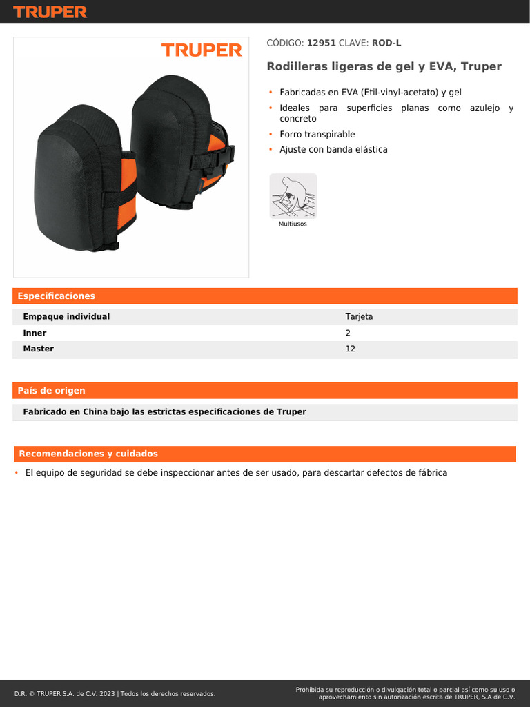 Ficha Tecnica - Rodillera Truper 12951 | PDF