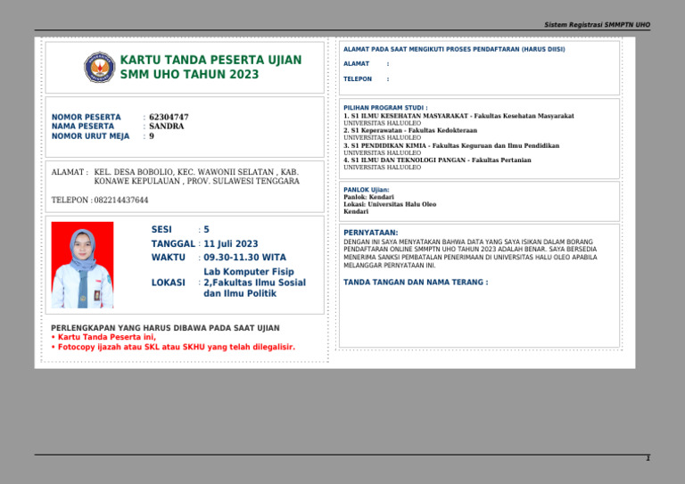 Kartu-Ujian-Smmpn-Uho 2 | PDF