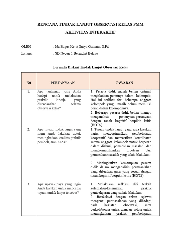 Rencana Tindak Lanjut Observasi Kelas PMM | PDF
