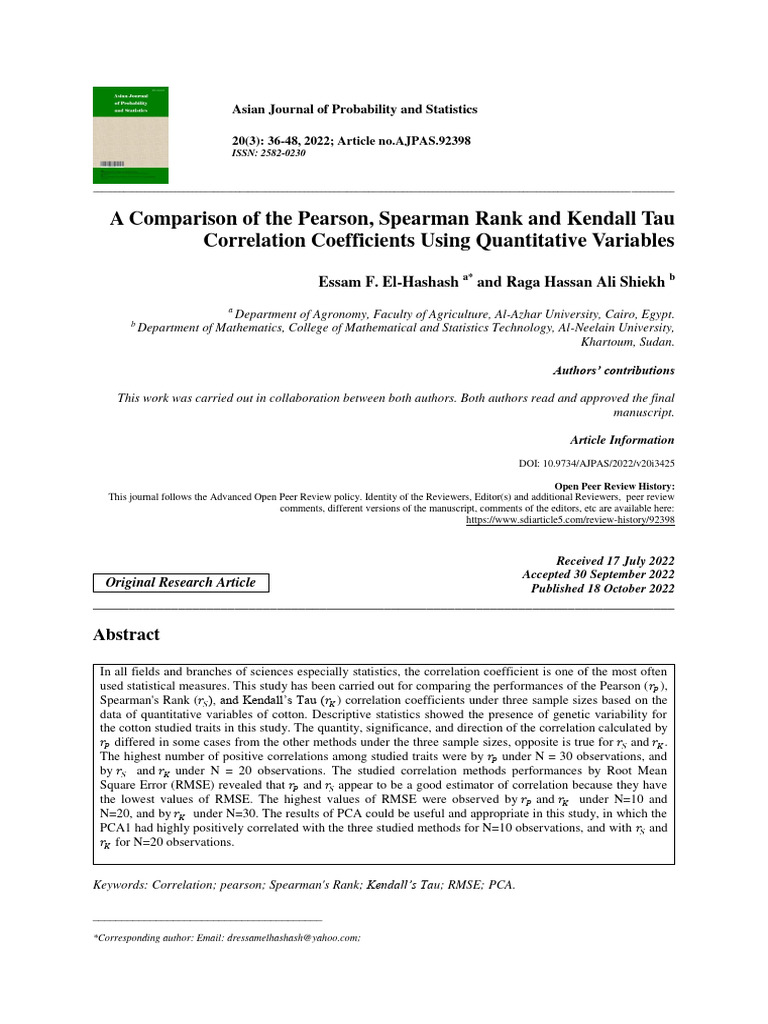 A Comparison of The Pearson Spearman Rank and Kendall Tau Correlation ...