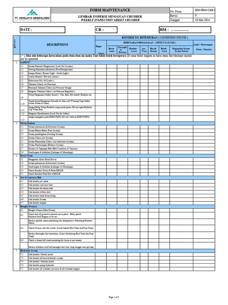 HM-FRM-C&E-019 (00) - Weekly Inspection Sheet Crusher | PDF ...