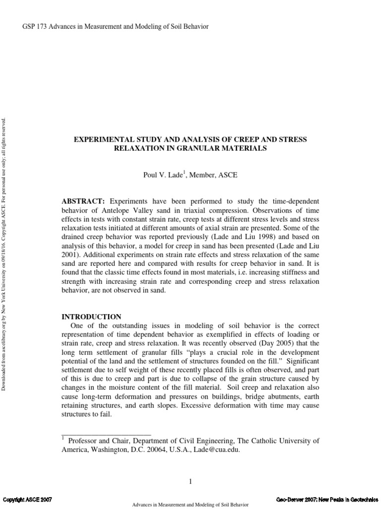 ( (2007) Lade) - Experimental Study and Analysis of Creep and Stress Relaxation in Granular ...