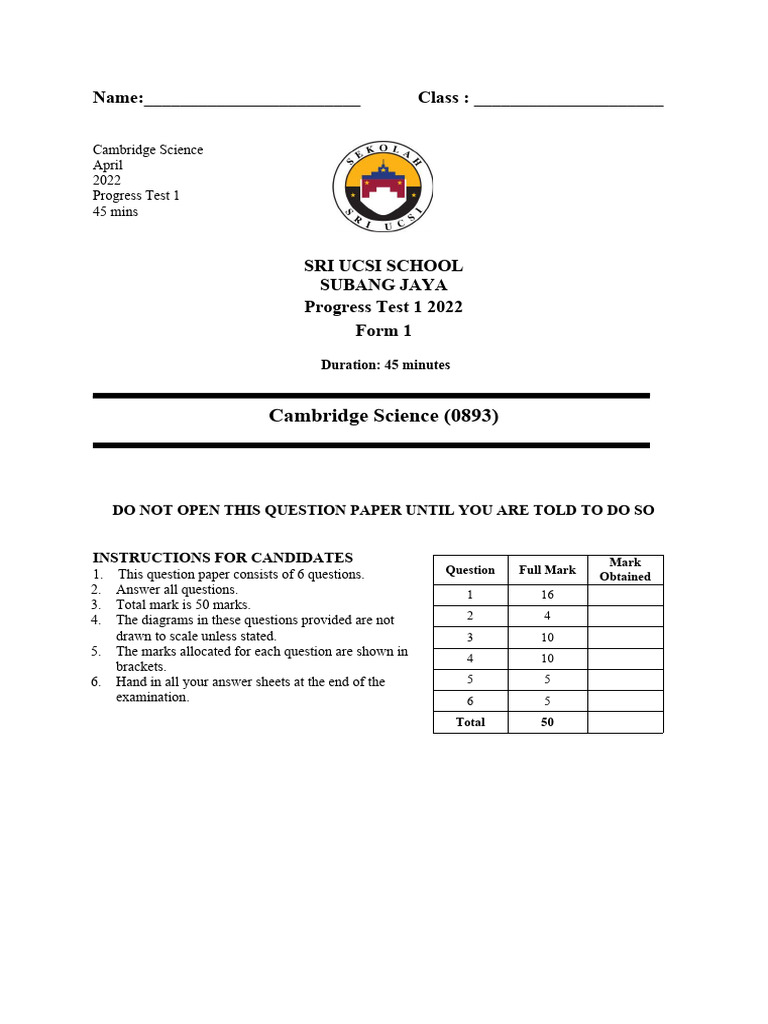 PT1 Edited Cambridge Science Form 1 | PDF | Chemical Elements ...