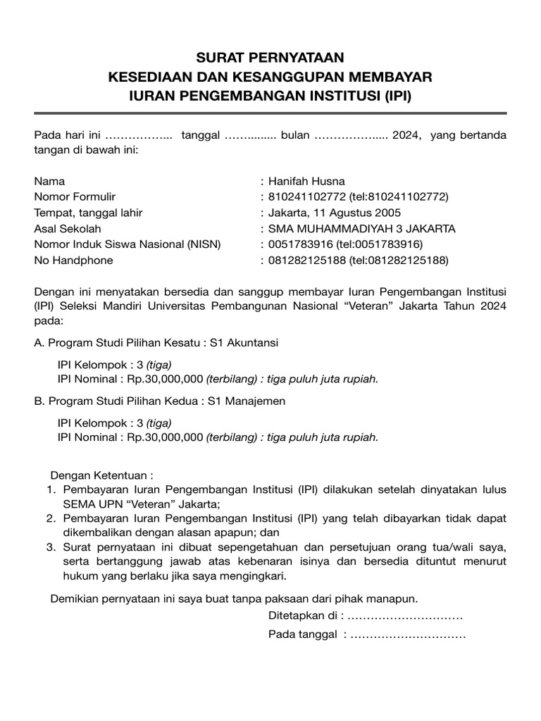 Cetak Surat Pernyataan Kesediaan Dan Kesanggupan Membayar Iuran Pengembangan Institusi (Ipi) | PDF