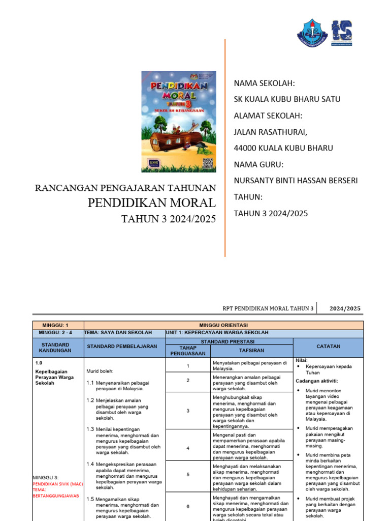 RPT P. MORAL THN 3 2024-2025 | PDF