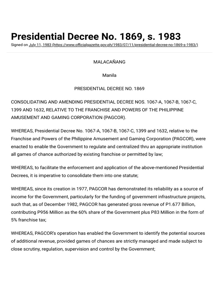 Presidential Decree No. 1869, S. 1983 - Official | PDF | Taxes | Stocks