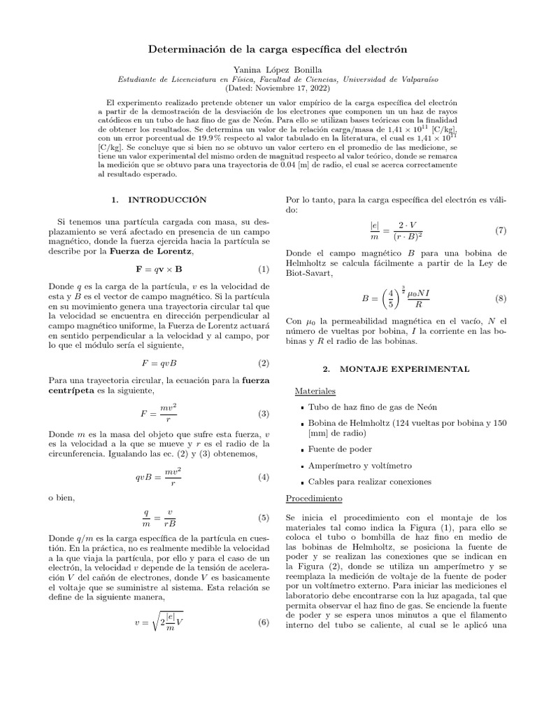 Determinaci N de La Carga Espec Fica Del Electr N | PDF | voltaje | Electrón