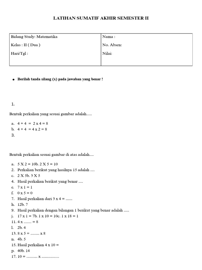 Latihan Soal Sas 2 MTK Kelas II - Docx - 20240530 - 171052 - 0000 | PDF | Griya & Taman | Seni