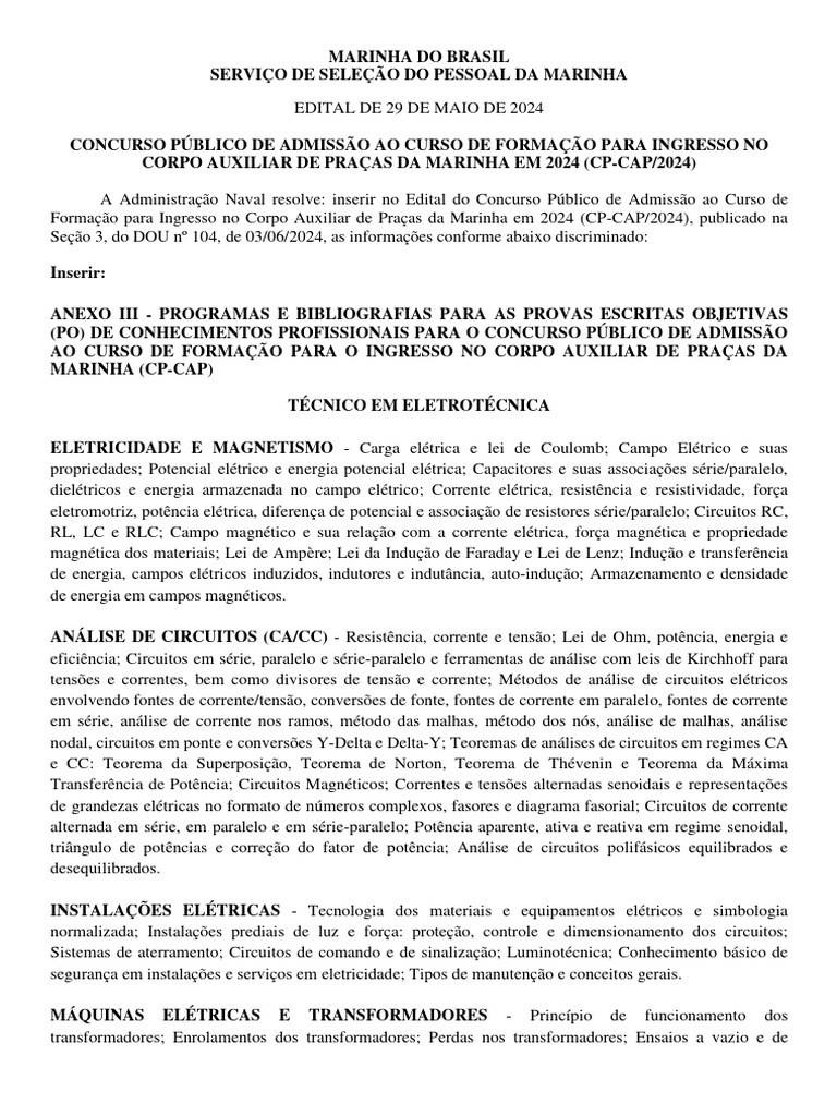Edital CP-CAP 2024: Provas e Bibliografia | PDF | Eletricidade | Rede ...