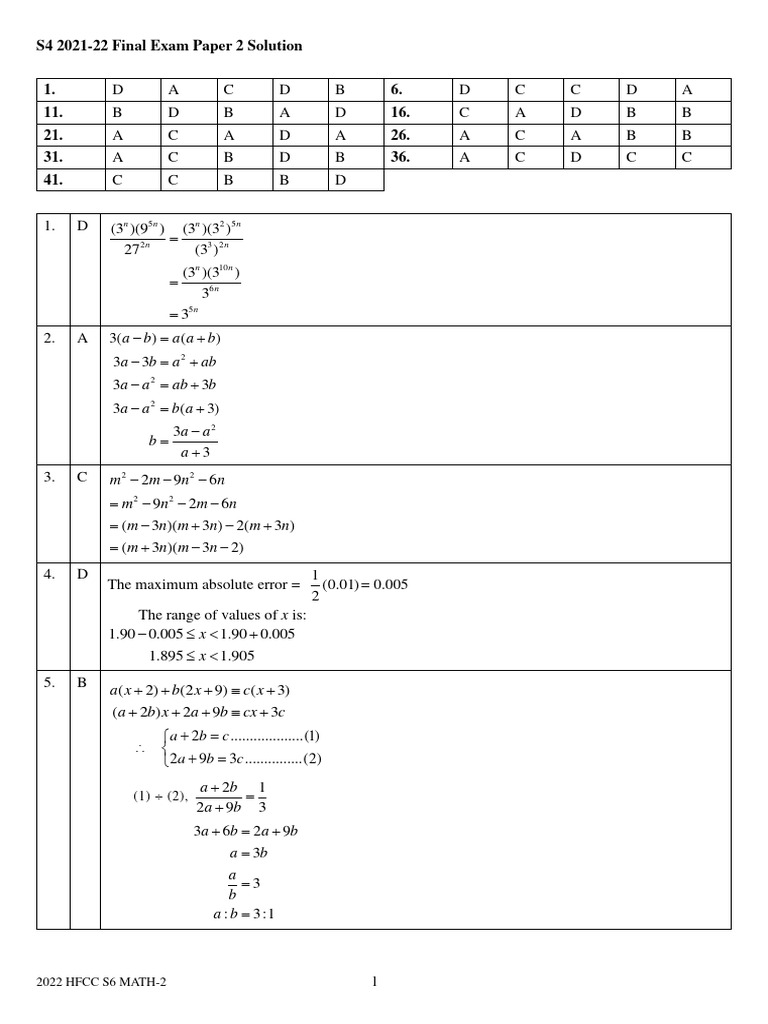 2021-2022 S4 Math Paper 2 Solution | PDF | Sphere | Geometry