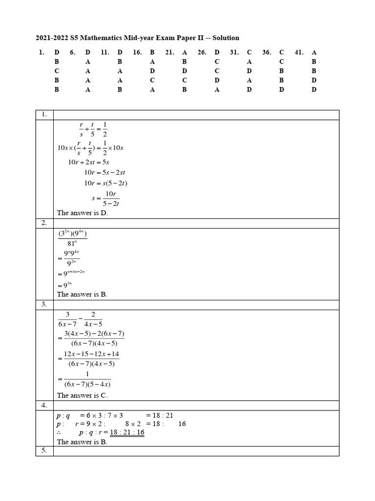 21-22 - S5 - Math - Mid-Yr - Exam - P2 Solutions | PDF | Applied ...