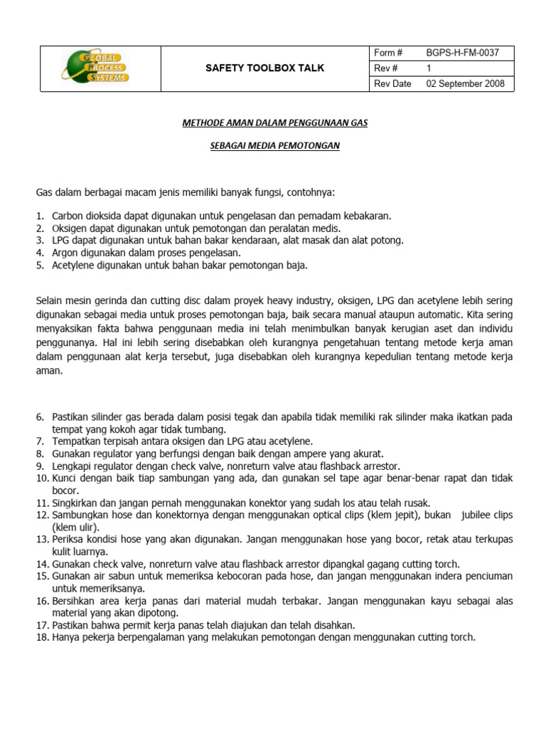 Safety Toolbox Talk Safe Using Cylinder Compressed Gas for cutting | PDF